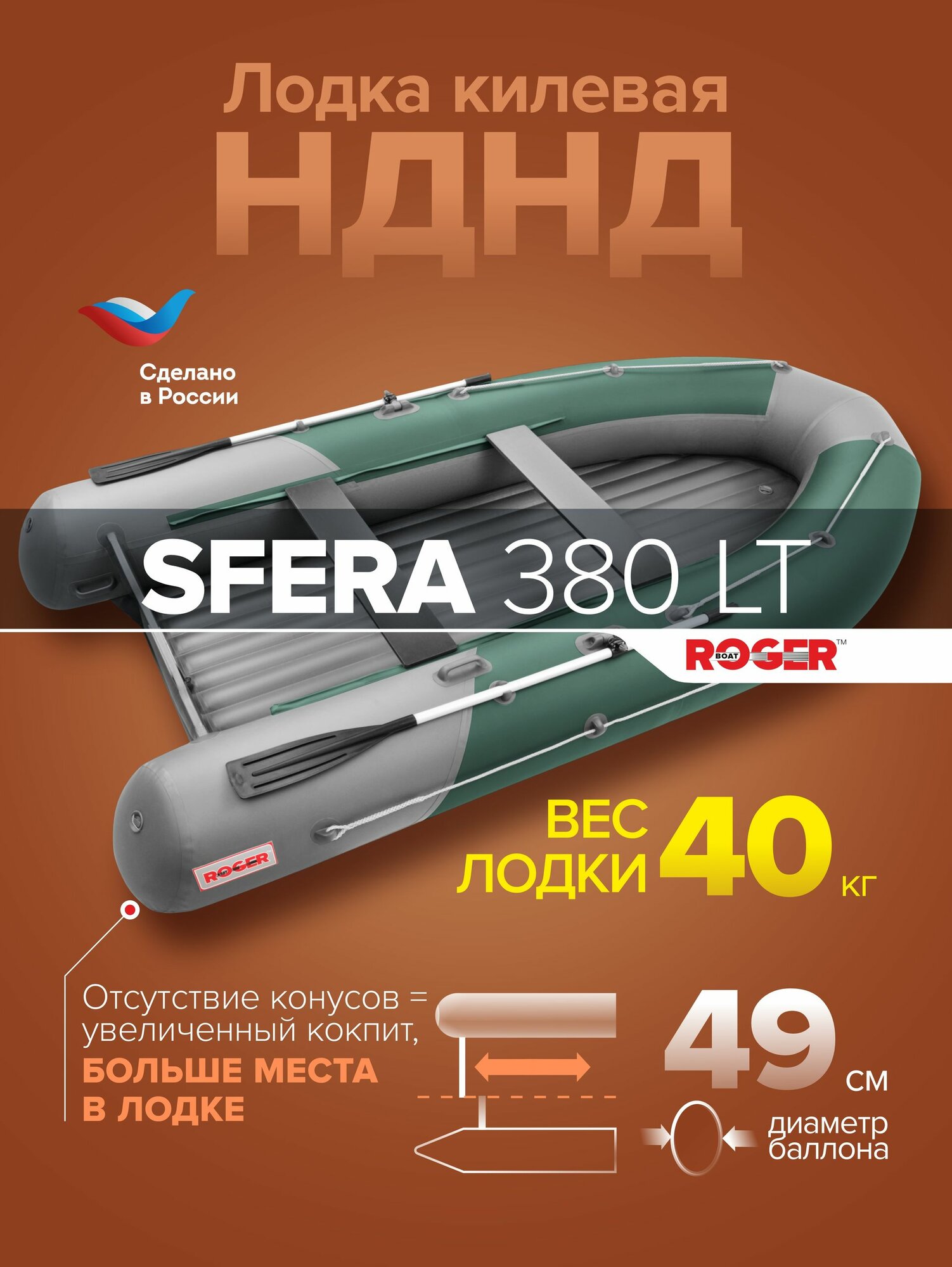 Лодка ПВХ под мотор ROGER Sfera 380 LT, надувная для рыбалки НДНД килевая (зеленый - серый)