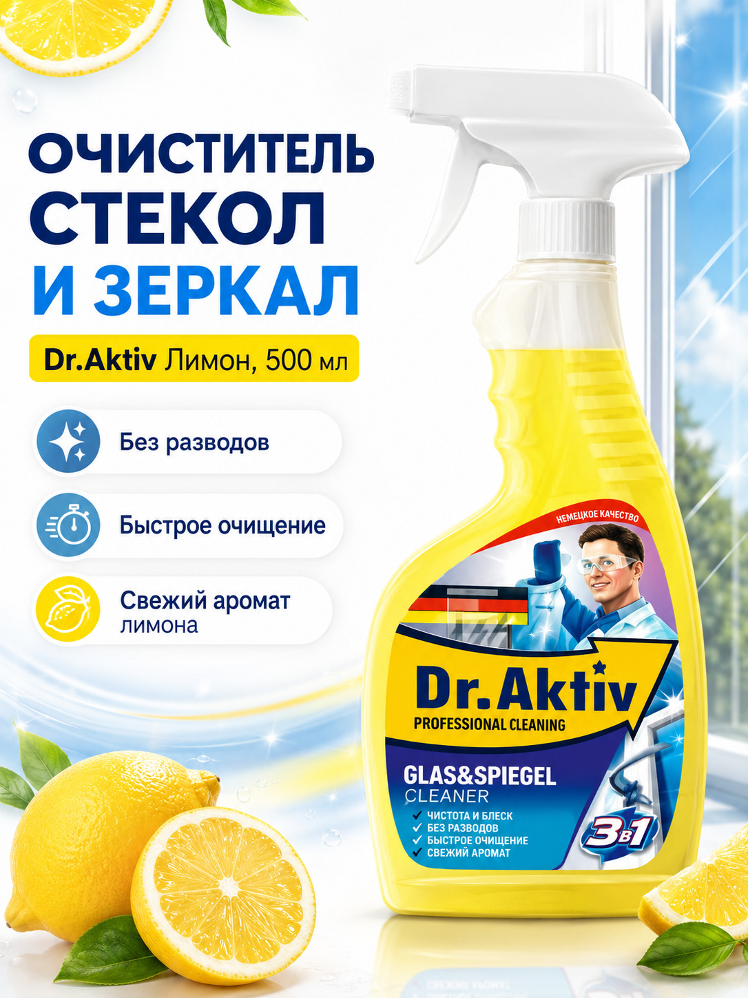 Очиститель стекол и зеркал Dr.Aktiv Лимон 500мл (триг.)