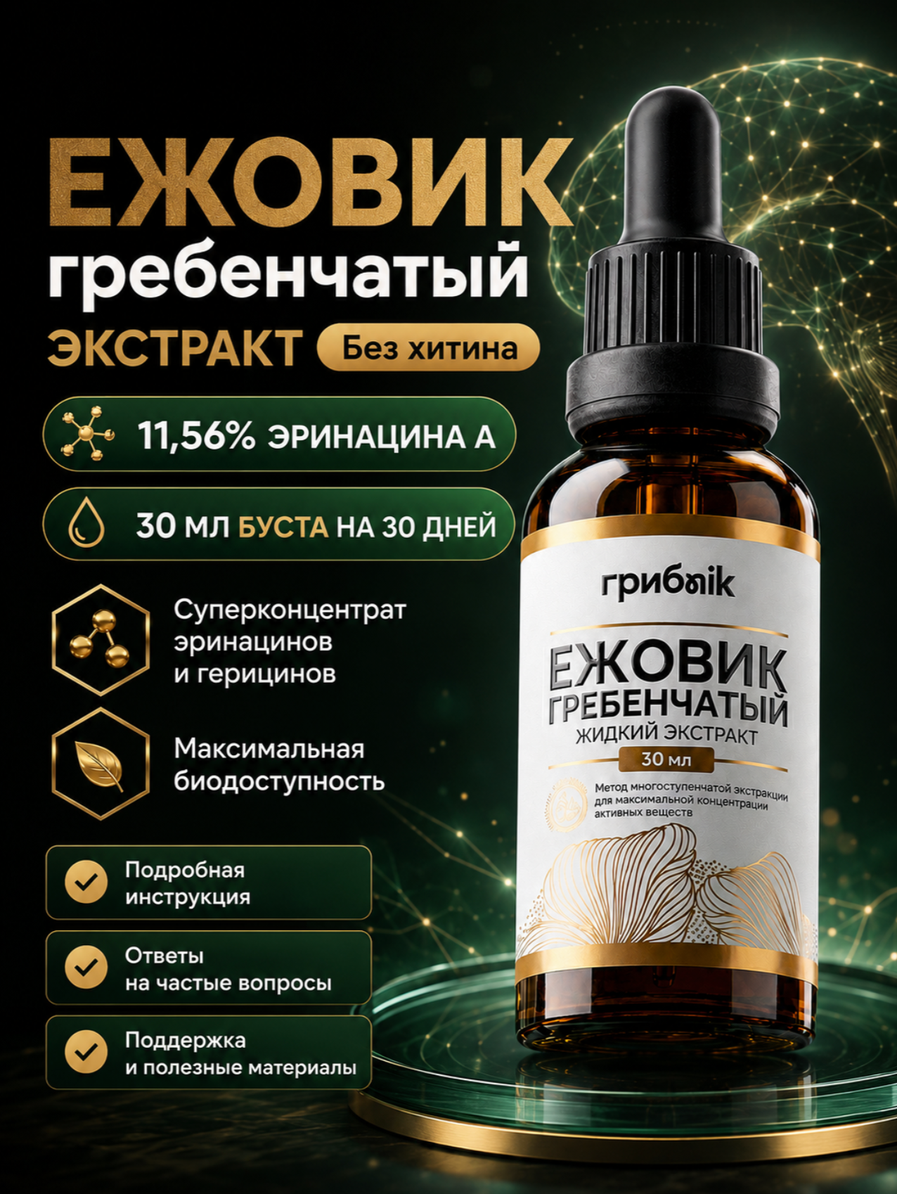 Ежовик гребенчатый жидкий экстракт мицелий, ноотроп для мозга, 30 мл, грибnik