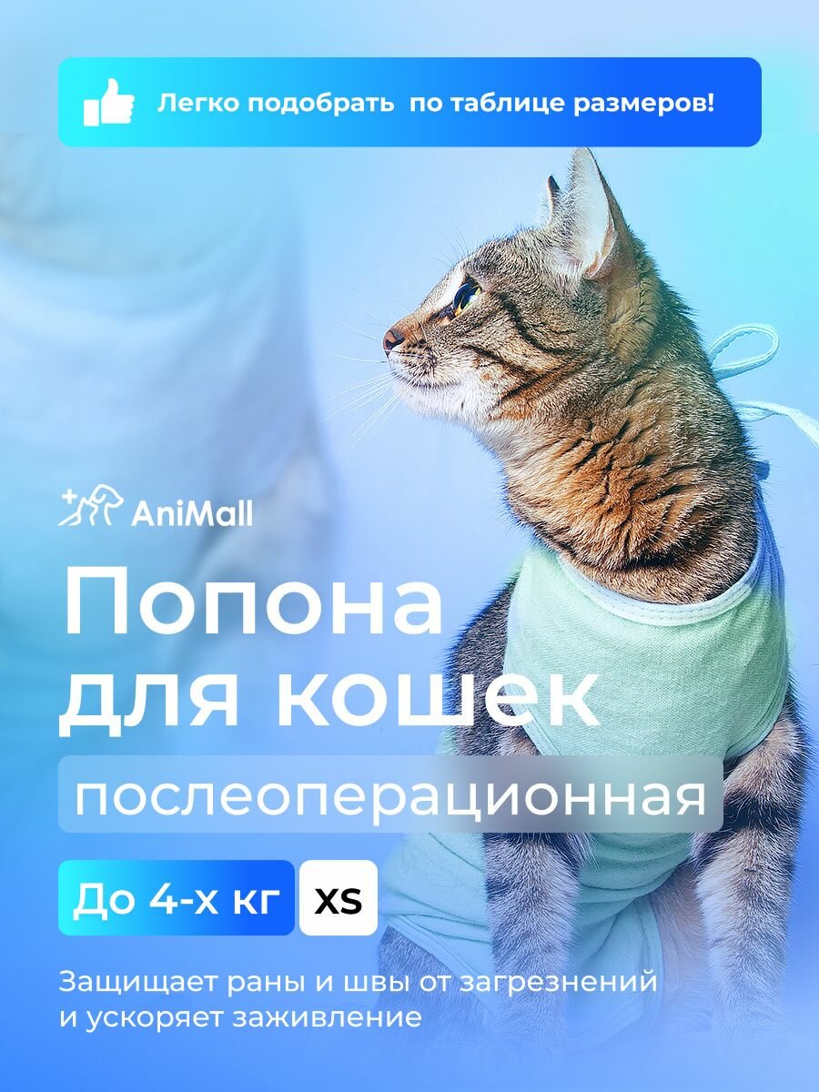Попона для кошек послеоперационная до 4 кг AniMall восстановление защита швов для мелких кошек после операции