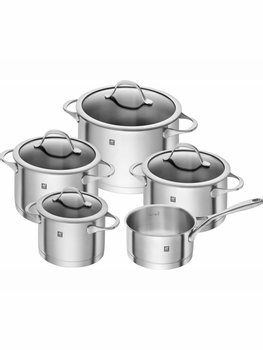 Набор кастрюль из нержавеющей стали Zwilling Essence Pot - 5 пердметов, для всех видов плит, включая индукционные, комплект с крышками из жаропрочного стекла для приготовления, кухонная посуда