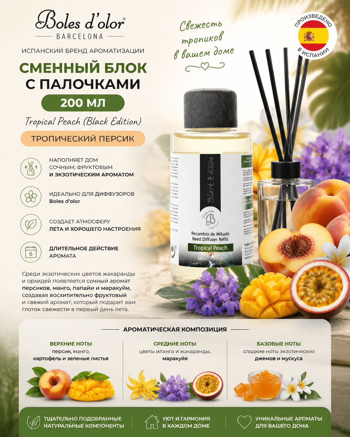 Boles d'olor / Сменный блок с палочками 200мл Тропический персик / Tropical Peach (Black Edition)