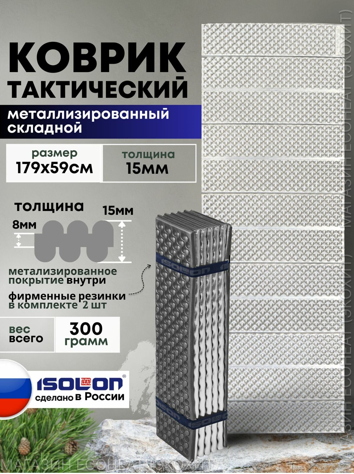 Коврик туристический складной металлик флекс / ISOLON / Походный, с защитным покрытием, усиленный, 2 резинки в подарок, складывается в толстую сидушку