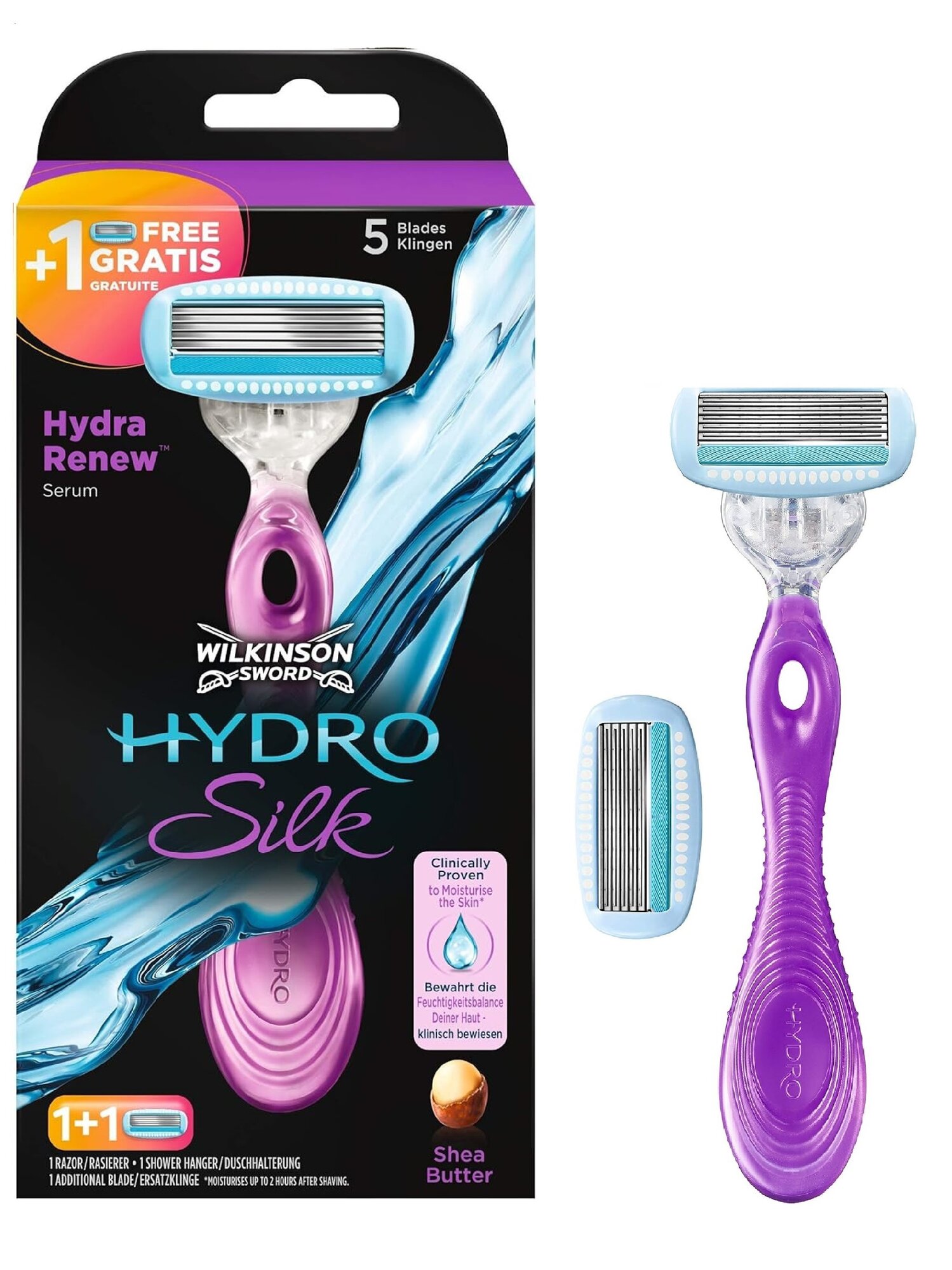 Wilkinson Sword Hydro Silk / Станок для бритья женский с 2-я сменными кассетами и креплением к стене