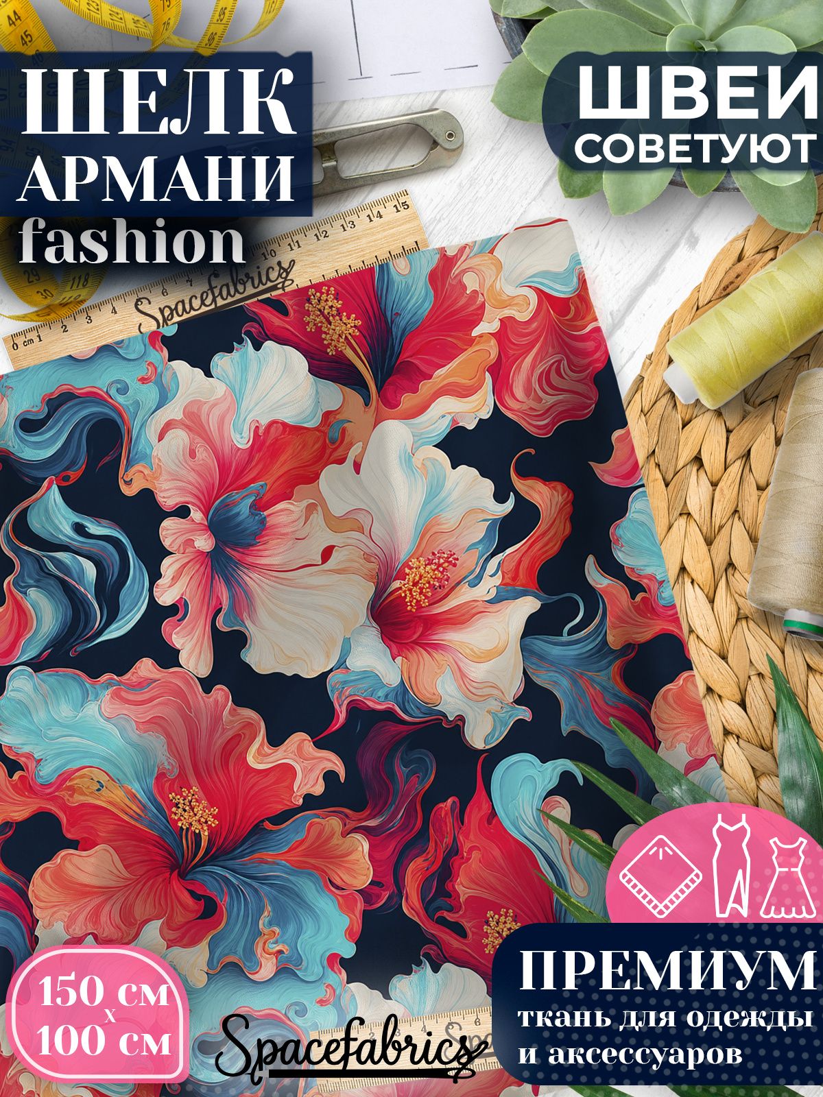 Ткань для шитья шелк Армани, искусственный атлас шелк для костюмов, платьев, юбок с принтом Гибискусы