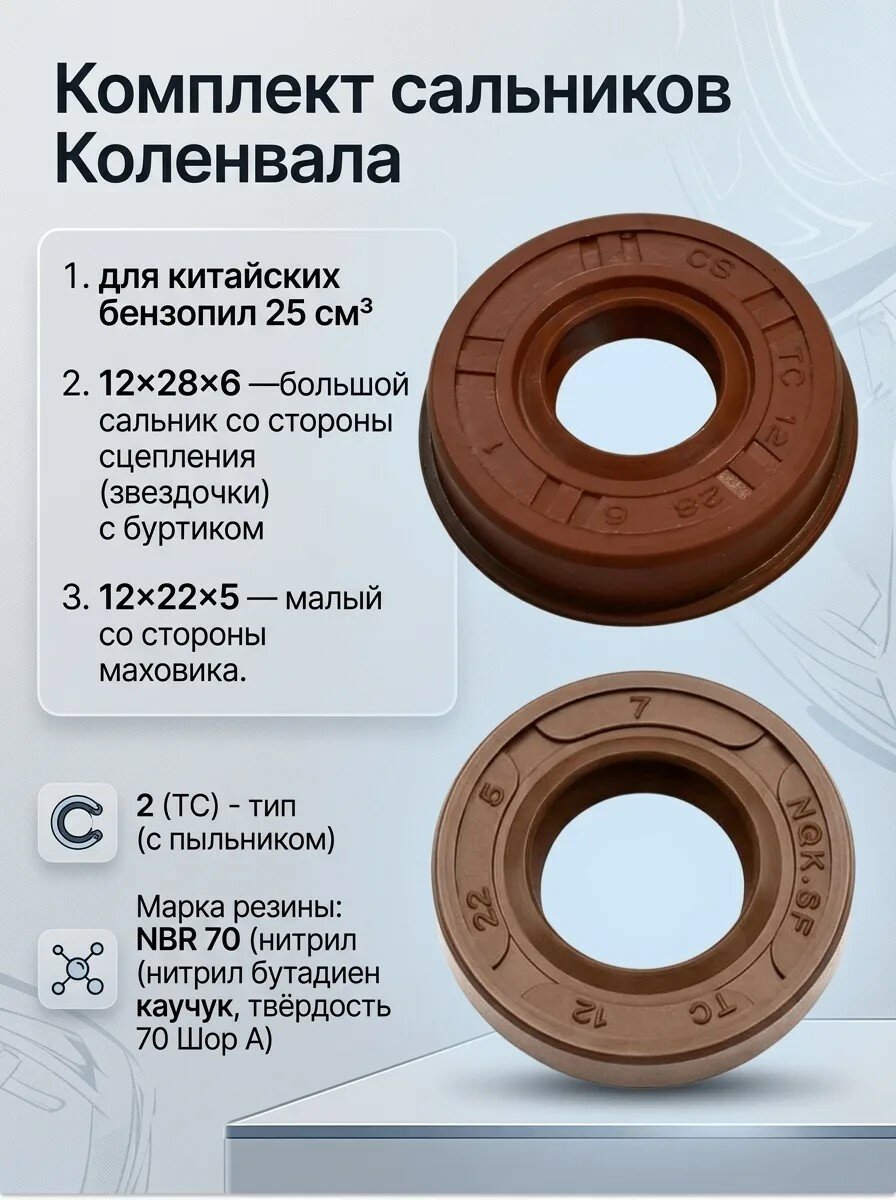 Комплект Сальников Коленвала для Бензопилы Forward 25-12, Лесник 25-12, Сибиряк 25-12, 2 шт.