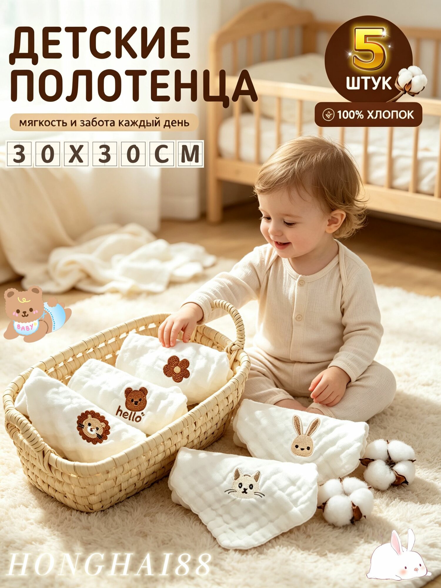 Полотенце для лица, рук 30x30 см, хлопок, белый, светло-бежевый, 5 шт