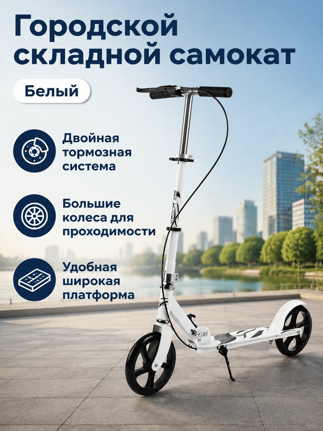Городской складной самокат для взрослых с двойной тормозной системой: белый