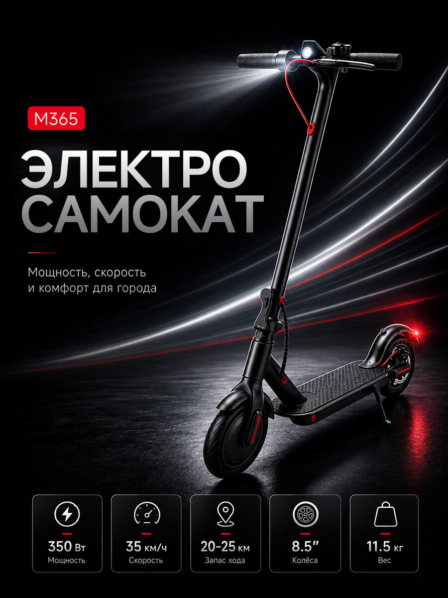 Электросамокат 350 Вт 36V 6Ач 8.5" складной ультралёгкий 11.5 кг до 35 км/ч для города чёрный, черный