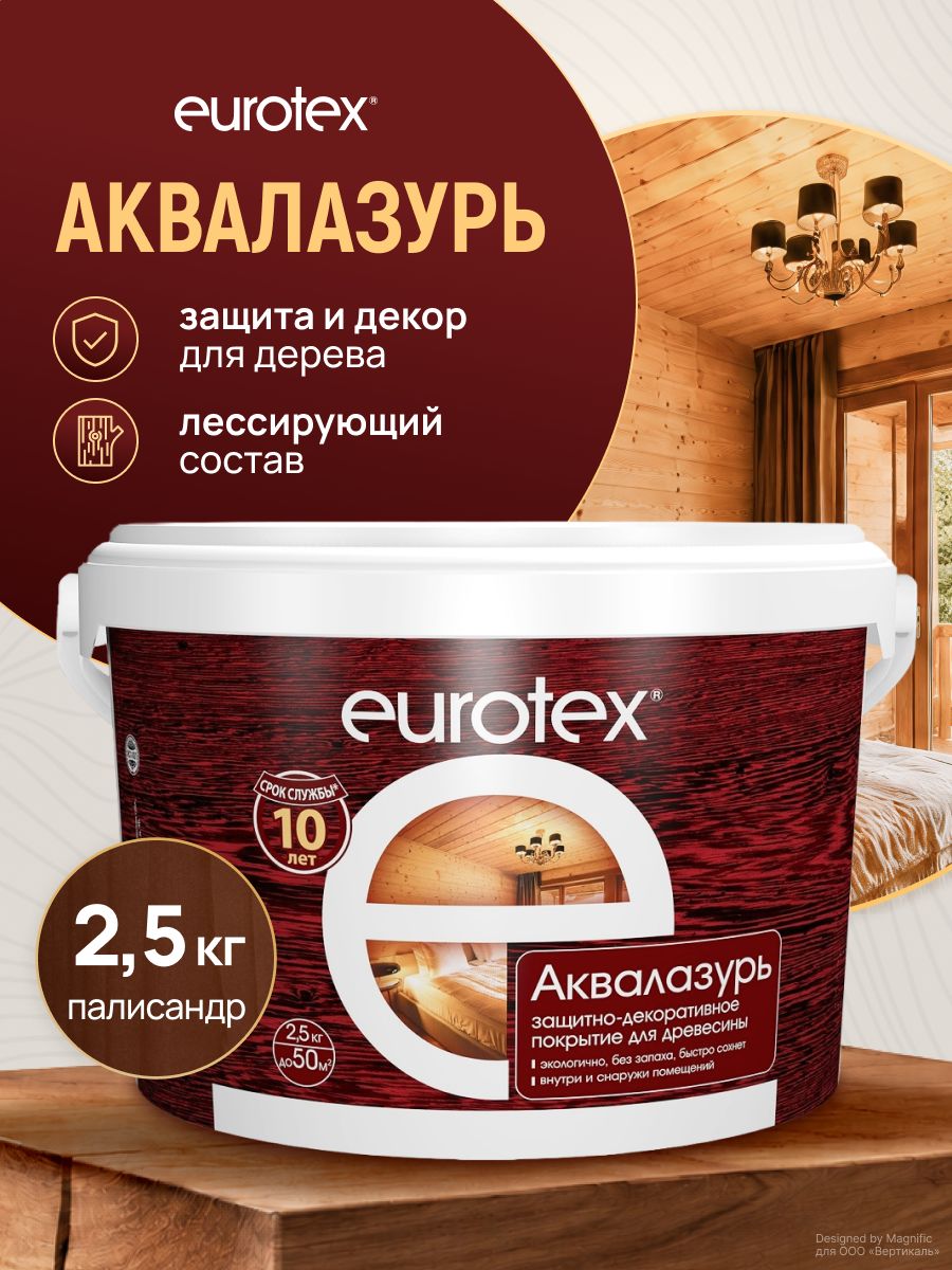 Защитно-декоративное покрытие для дерева Eurotex Аквалазурь, акриловая, лессирующая, антисептик, полуглянцевое, 2,5 кг, палисандр
