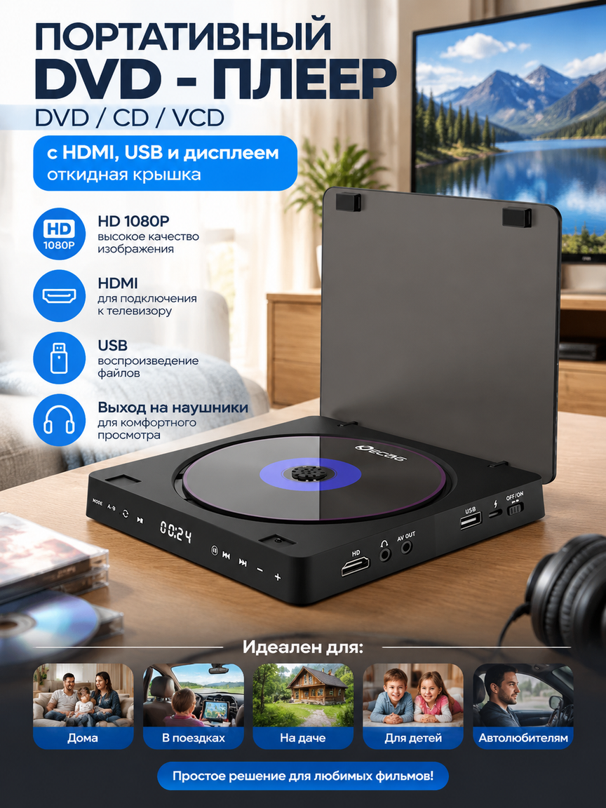 Портативный DVD/CD/VCD-плеер черного цвета с HDMI, USB и дисплеем, откидная крышка