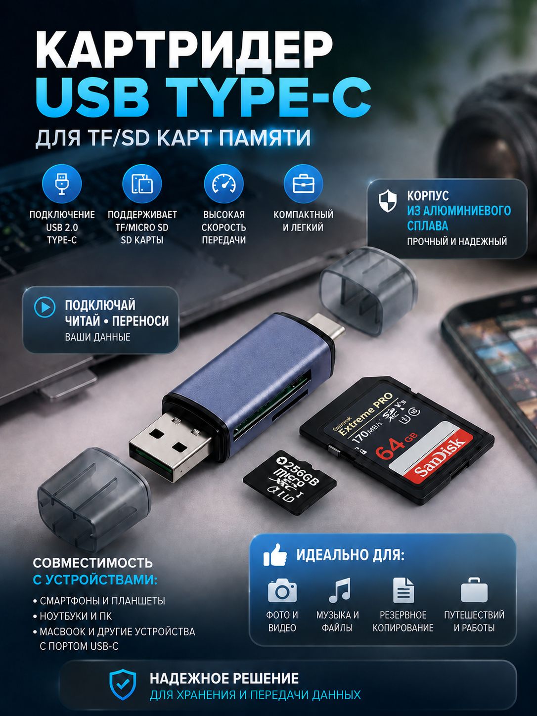 Картридер micro SD USB Type-C, переходник для карт памяти Micro SD / SD для компьютера, ноутбука, смартфона