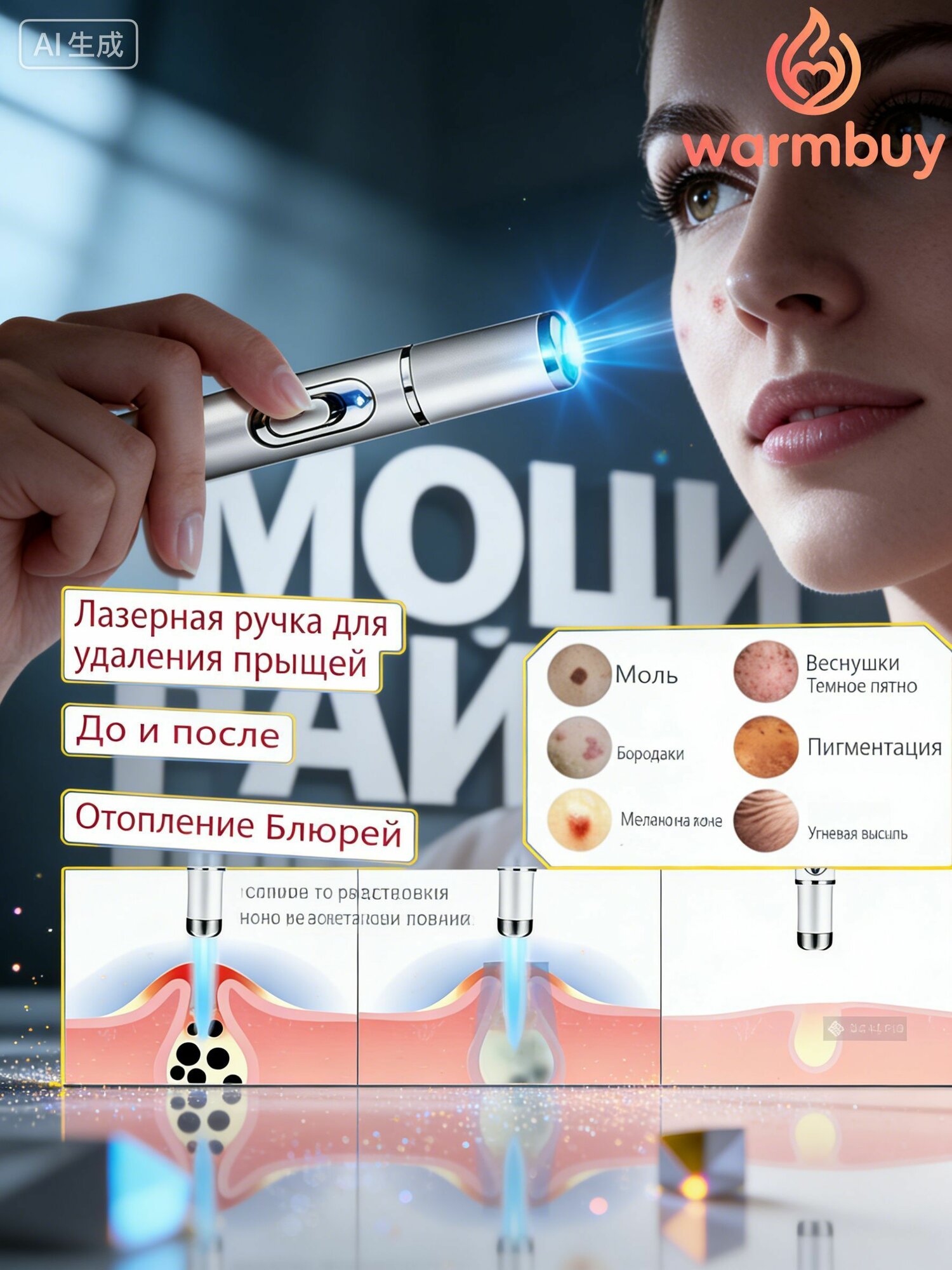 Лазерная ручка для удаления папиллом бородавок и родинок; портативный лазерный коагулятор от пигментных пятен и акне 9 уровней мощности; косметический аппарат для чистки лица без шрамов синий свет-Луанлуо