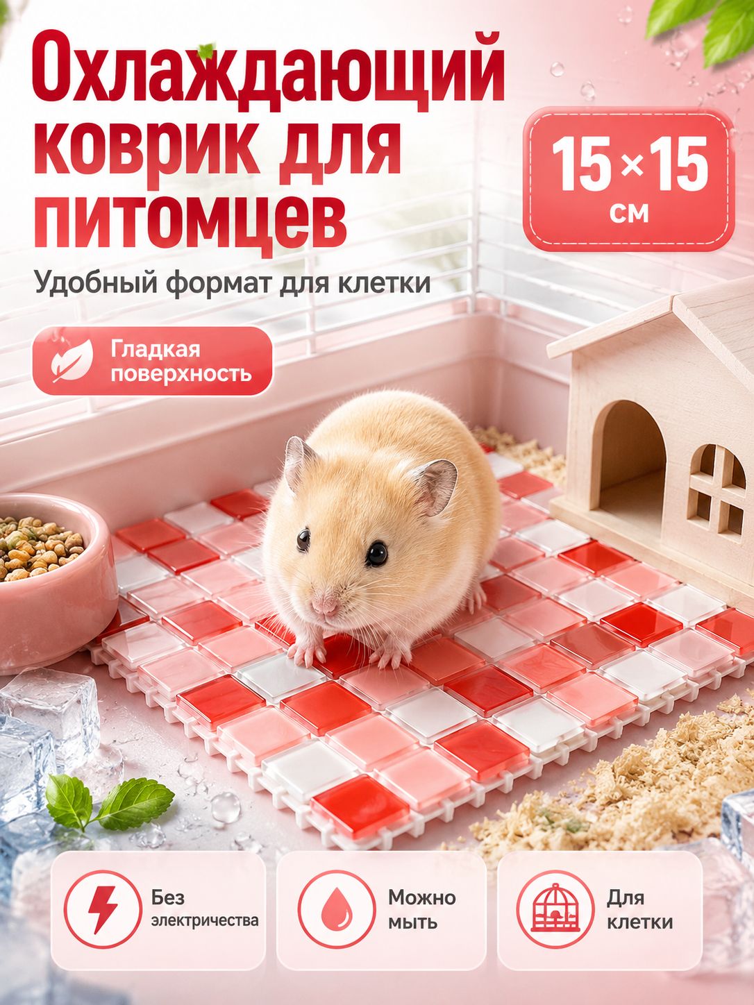 Охлаждающий коврик для питомцев, 15 на 15 см, красный, прохлада при касании, гладкое стекло, устойчив к падениям и укусам, легко мыть, для хомяков и кроликов