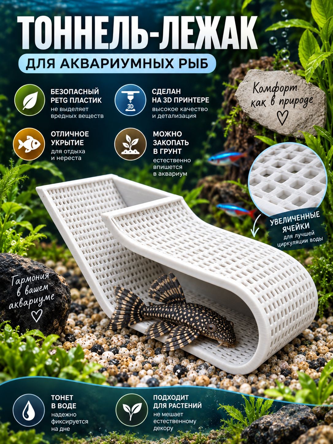 Грот тоннель лежак укрытие для рыбок и креветок в аквариум, декорация (Белый)