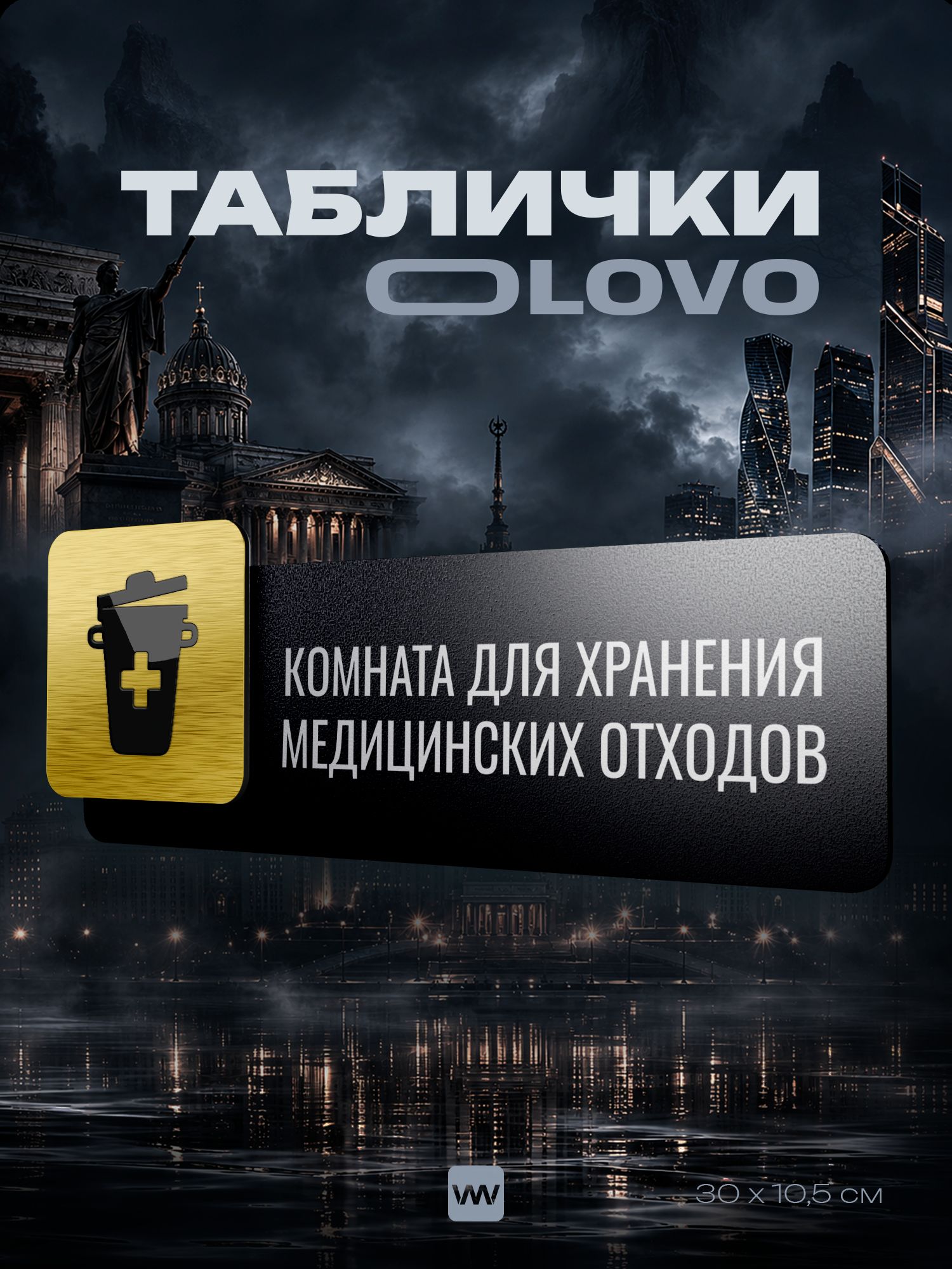 Табличка "Комната для хранения медицинских отходов" на дверь, на стену, черная с металлической золотистой вставкой, для больницы, клиники, стационара, медицины, OLOVO/олово GLD, Айдентика Технолоджи