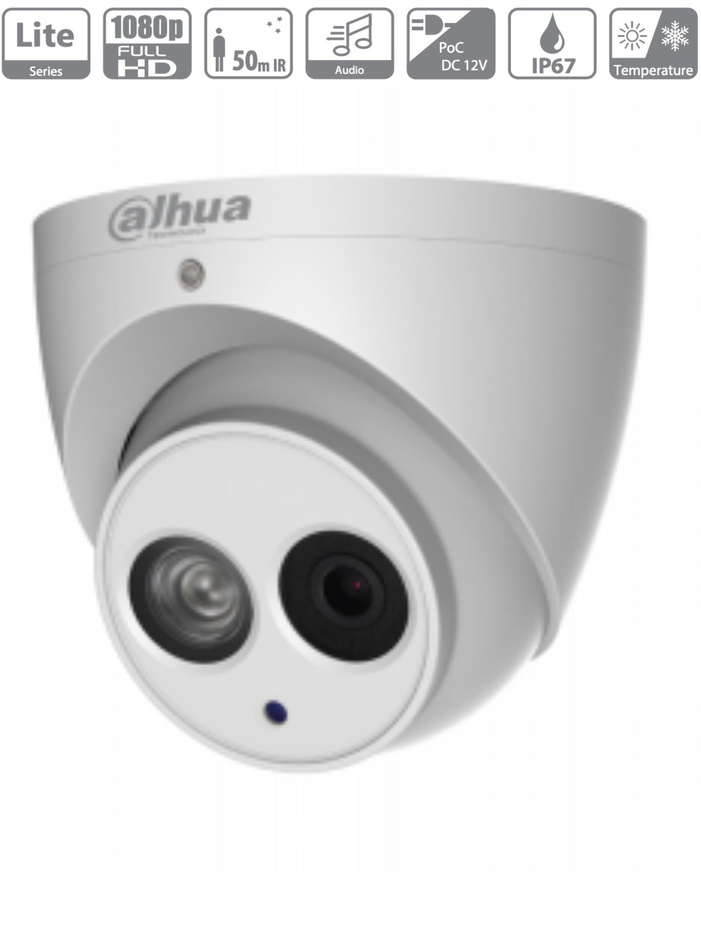 Dahua DH-HAC-HDW1200EMP-A-POC-0280B 2Mп 2,8 мм - камера видеонаблюдения HDCVI уличная, аналоговая купольная видеокамера с ИК-подсветкой до 50м, микрофон, IP67, питание по коаксиалу