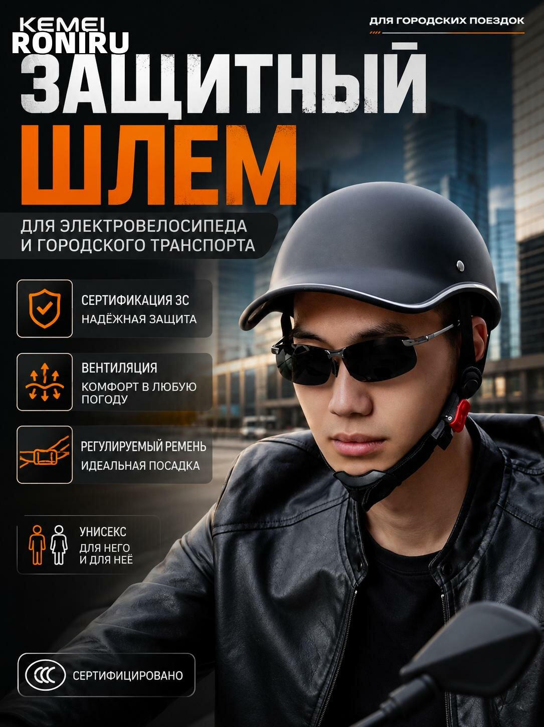 Защитный шлем Kemei для электровелосипеда с регулировкой ремня, вентиляцией и сертификацией 3C — унисекс для городских поездок
