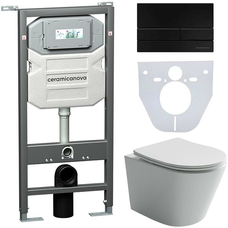 Инсталляция с унитазом комплект Ceramicanova Balearica CN6000 1002B 1000 белый, с сиденьем и черной кнопкой смыва