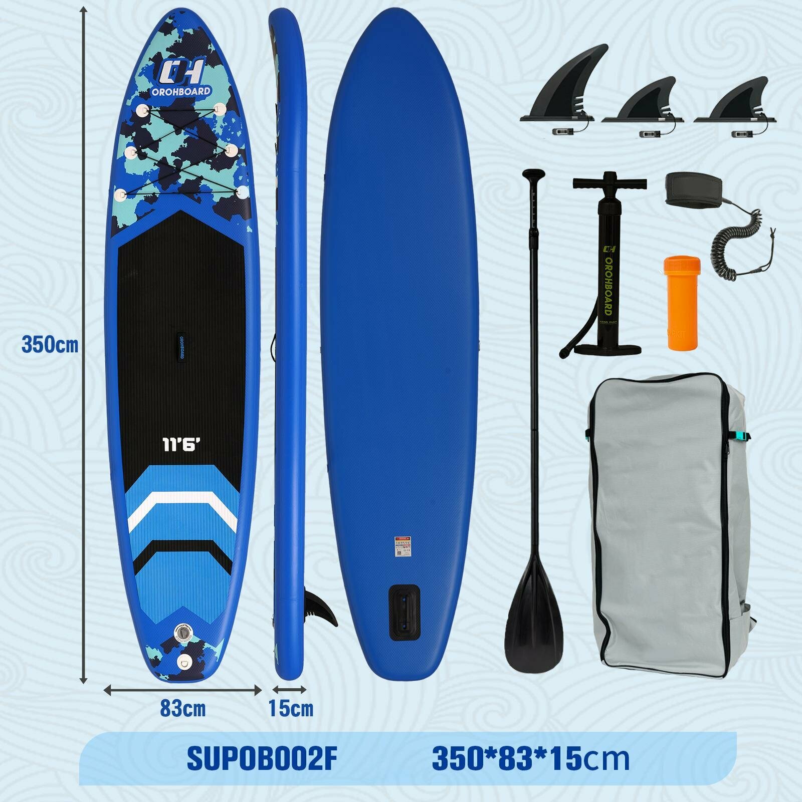 SUP-доска, с хвостовым плавником, сумка, веревка для серфинга, насос, весло, 335х83х15см, нагрузка до 180 кг