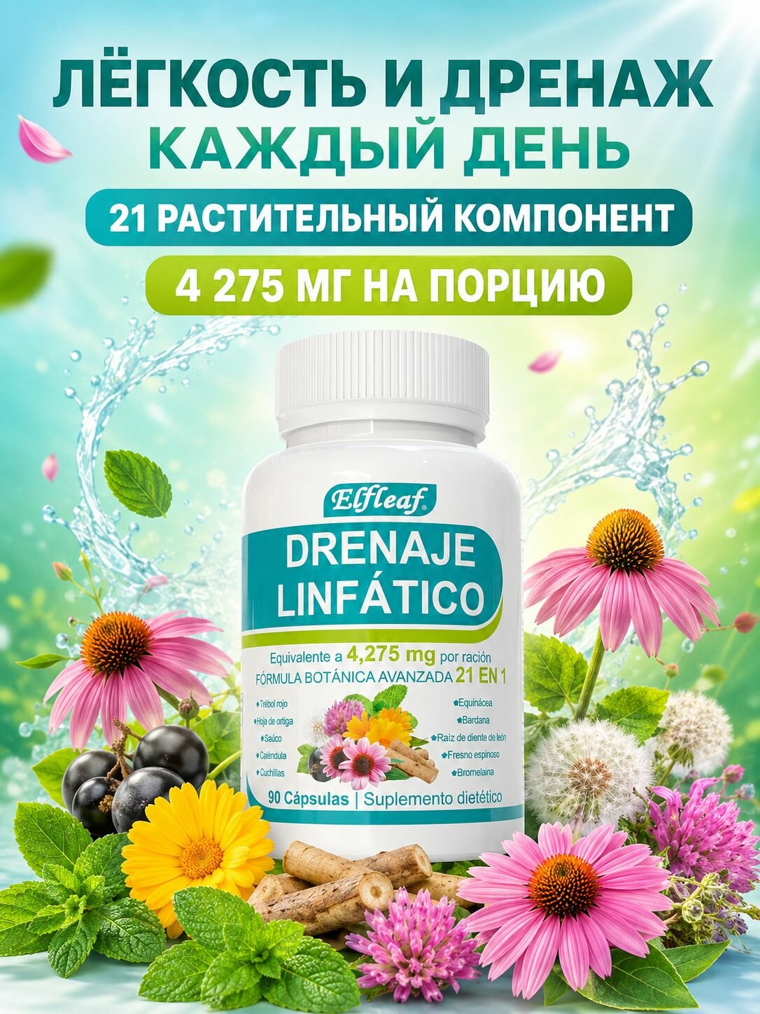 Лимфодренаж, 21 трава, кишечнорастворимые капсулы, 10:1 экстракт, 90 капсул, для отёков и детокса, органический состав Elfleaf.