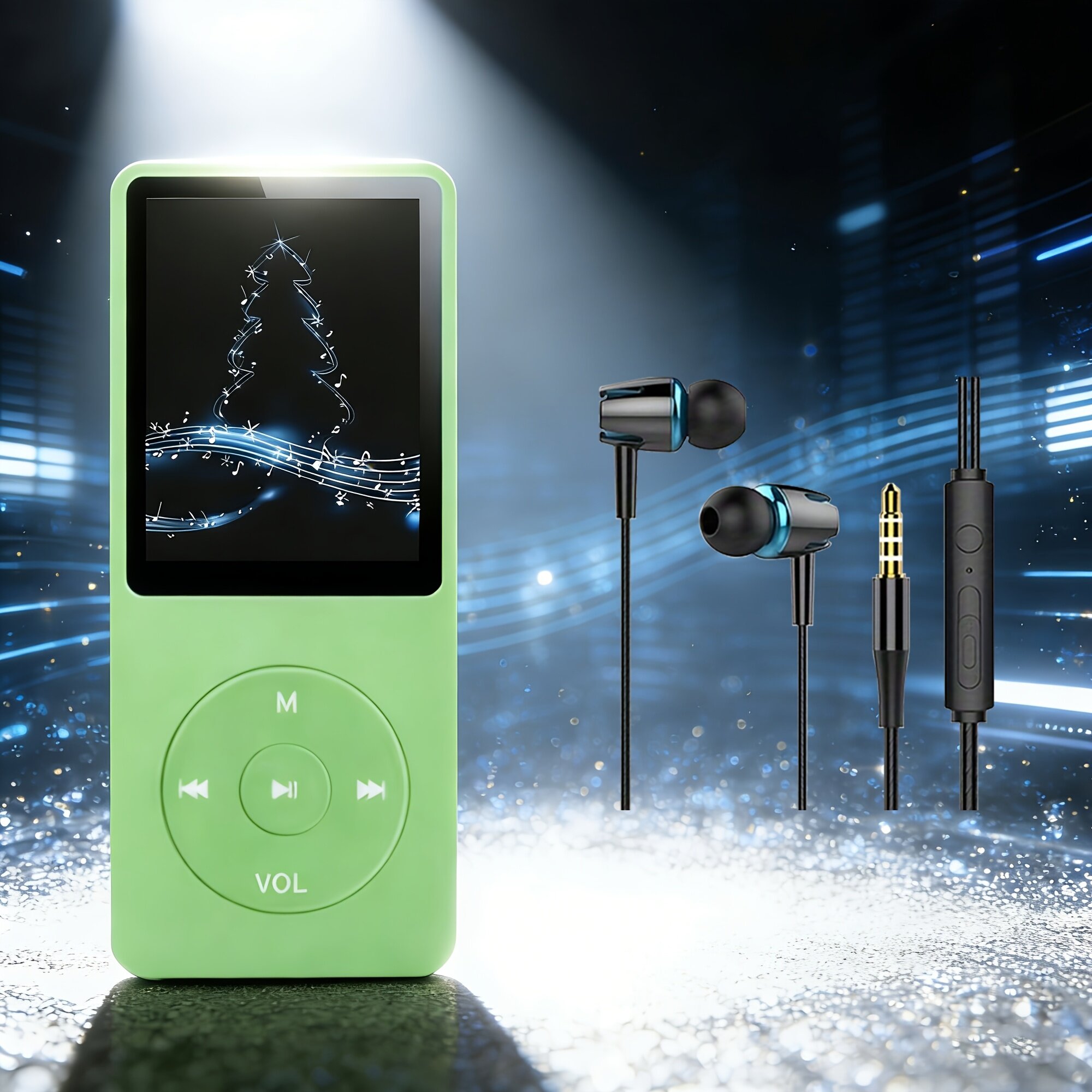 MP3/MP4 плеер с высококачественными проводными наушниками, 1.8-дюймовый LED экран, поддержка видео, записи и электронных книг, большой аккумулятор, зеленый
