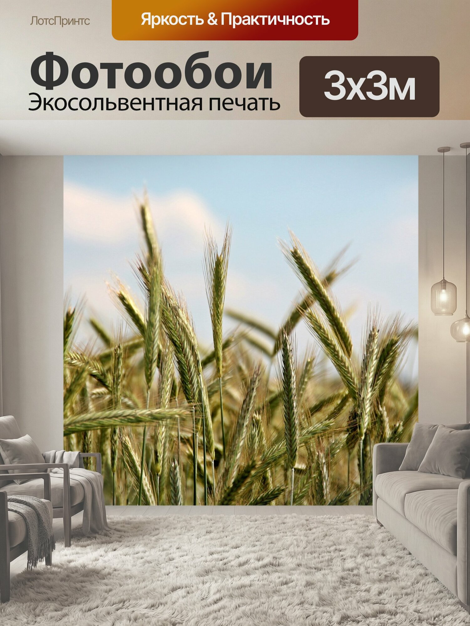 Фотообои "Пшеница, пшеничное поле, колосья пшеницы" 300x300 см. экосольвентная печать
