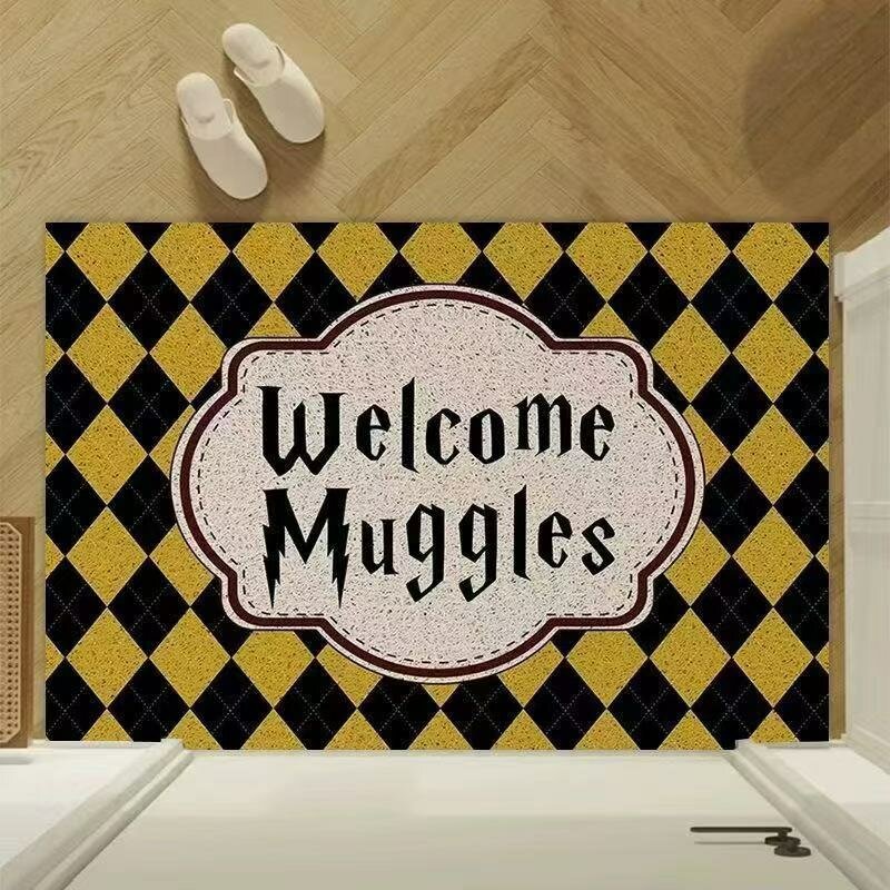 Коврик для входа с надписью "Welcome Muggles" и чёрно-жёлтым ромбовидным узором, для дома, ковер 60x90cm