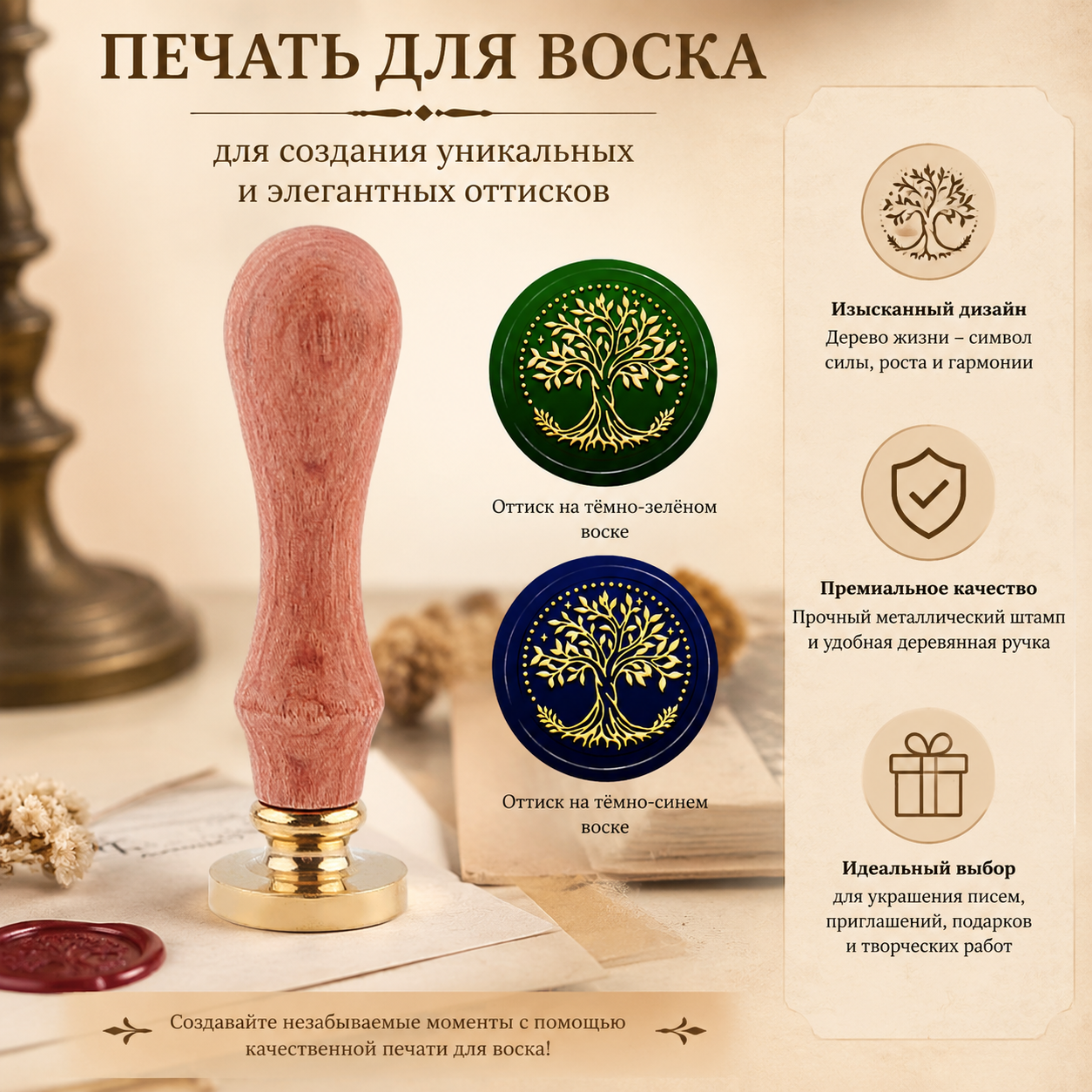 Печать для сургуча Дерево жизни, деревянная ручка, латунный штамп для писем, приглашений, открыток и подарков