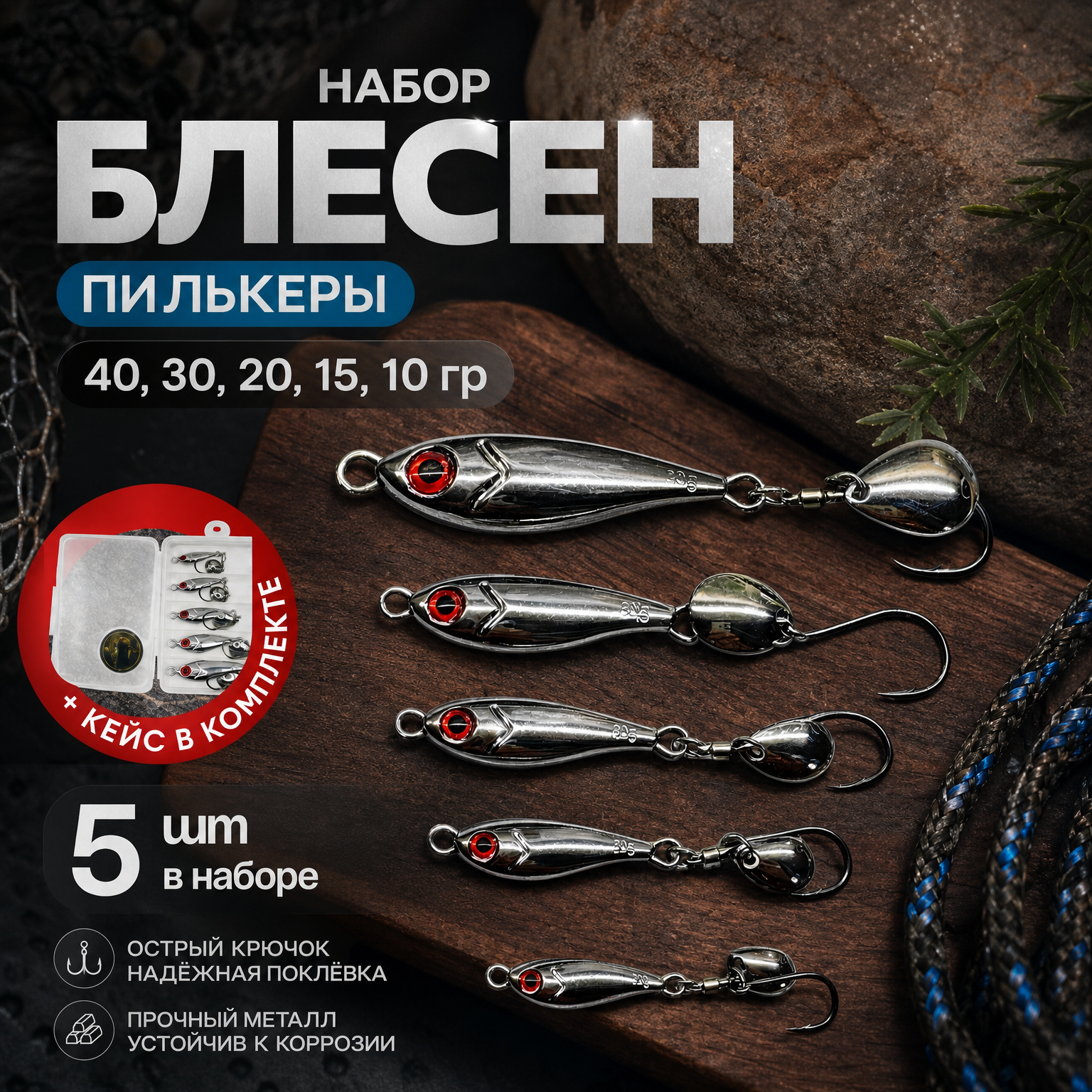Набор пилькеров для рыбалки / 5шт. (40,30,20,15,10 гр.) / Блесна на сига (Цвет товара: хром; Длина: 110 мм; Комплектация: В набор входит 5 пилькеров и кейс; Размеры, мм: 110x80x2)