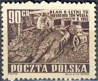 (1951-036) Марка Польша "Добыча угля (Лилово-коричневая)" Шестилетний план: горная промышленность