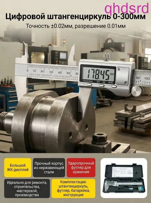 Цифровой штангенциркуль 0-300мм, Точность 0.02мм, Длинный электронный штангенциркуль 300мм, Профессиональный измерительный инструмент, Нержавеющая сталь, С батарейкой