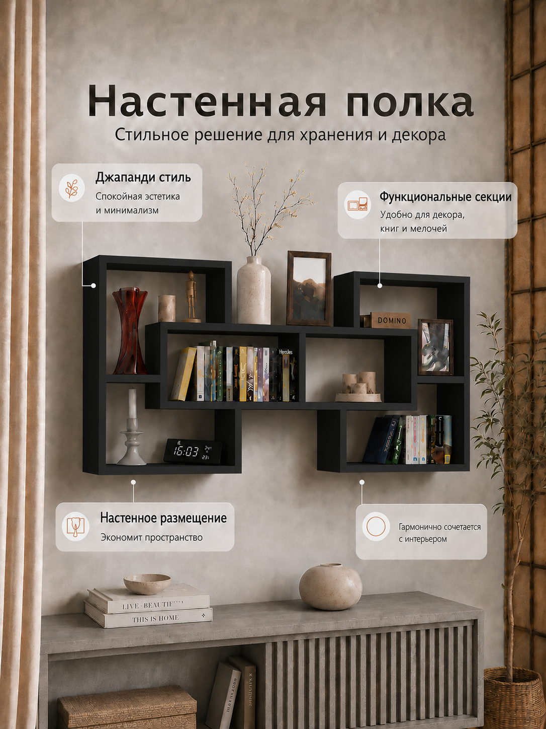 Полка настенная для книг и декора черный 115 см