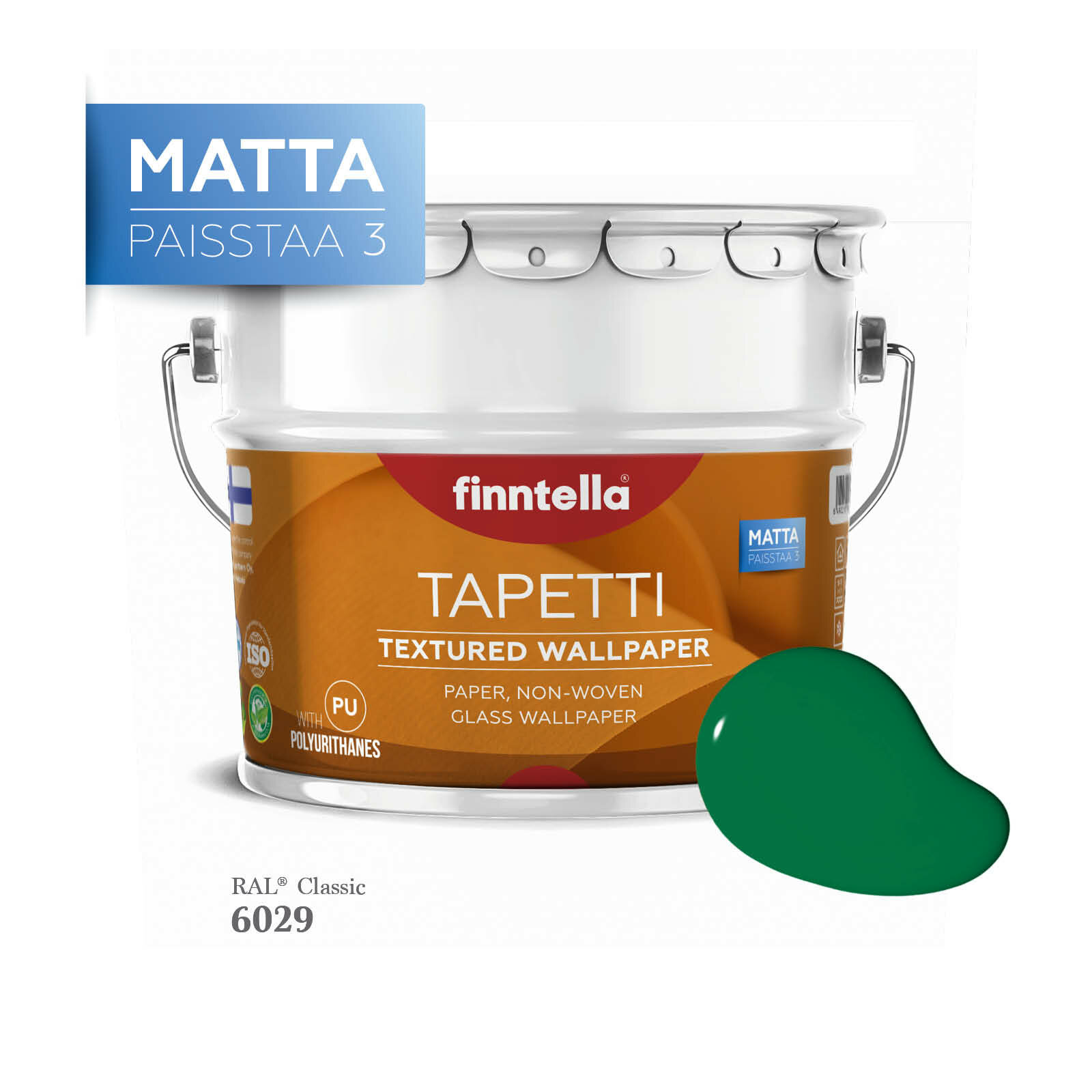 Матовая краска для обоев под окраску TAPETTI Matta FINNTELLA, Цвет RAL 6029 Мятно-зеленый (Mint green), 9л