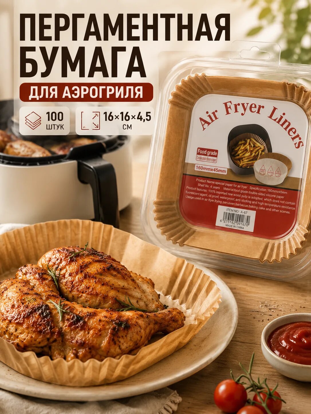 Пергаментная бумага для аэрогриля и выпечки, формы 16 см, 100 шт