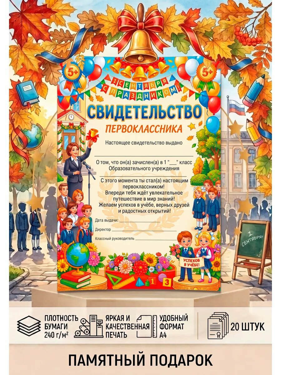 Свидетельство первоклассника на 1 сентября 20шт.