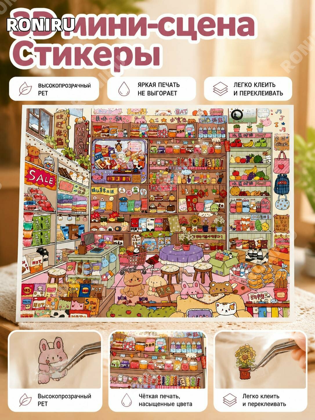 Наклейки3D для рукоделия «Магазин сладостей», PET,21 x28 см