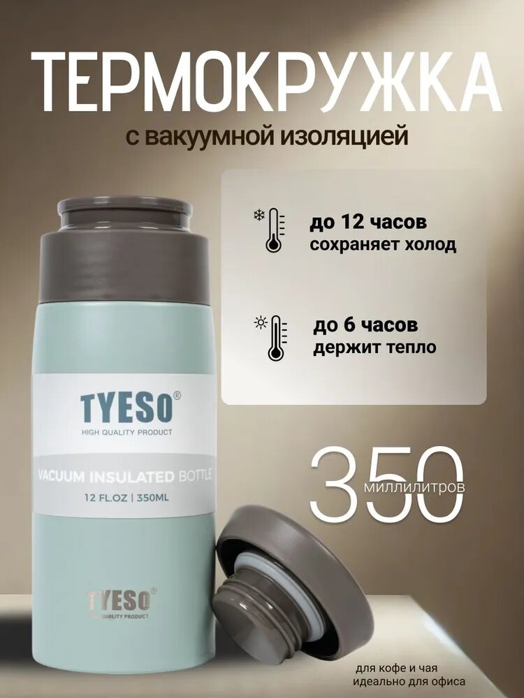 TYESO Термос 0.35 л, холод 12 ч, тепло 6 ч, отверстие для питья, силиконовая вставка, бирюзовый