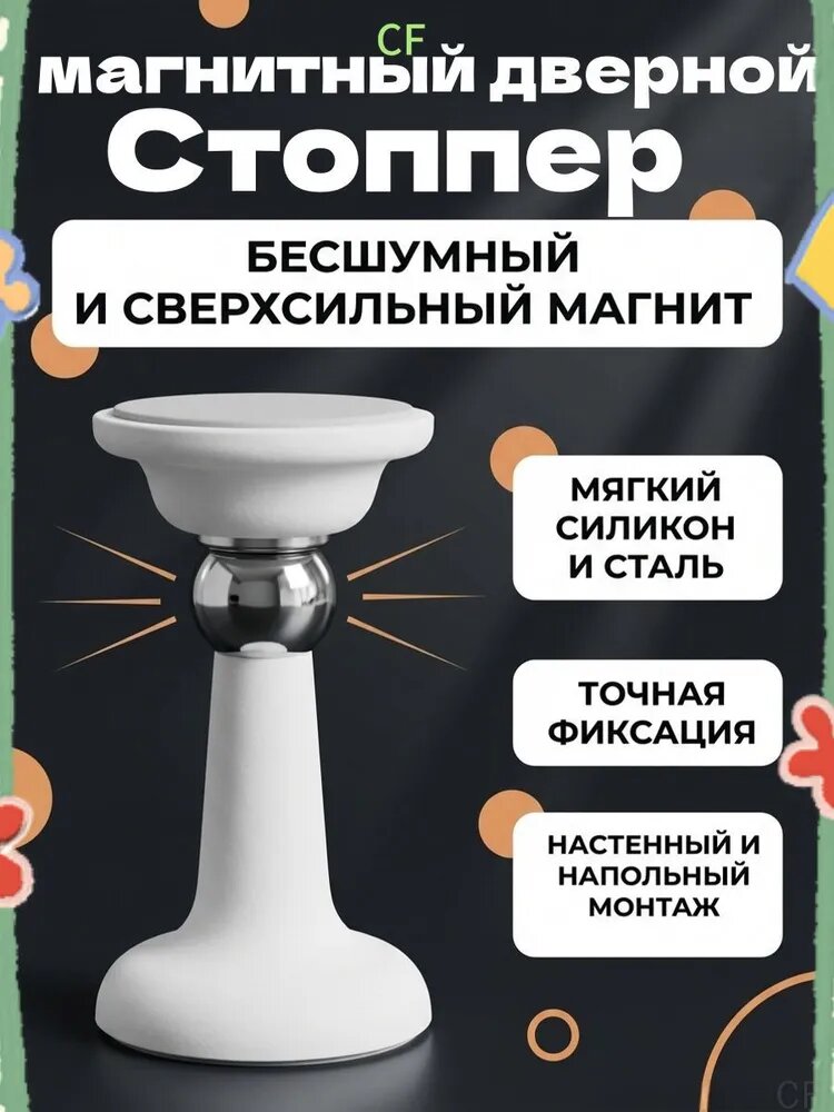 Эксклюзивный дверной ограничитель с магнитной фиксацией, амортизирующий, бесшумный, применяемый для настенной и напольной установки, изготовлен как универсальный фиксатор для межкомнатных дверей.