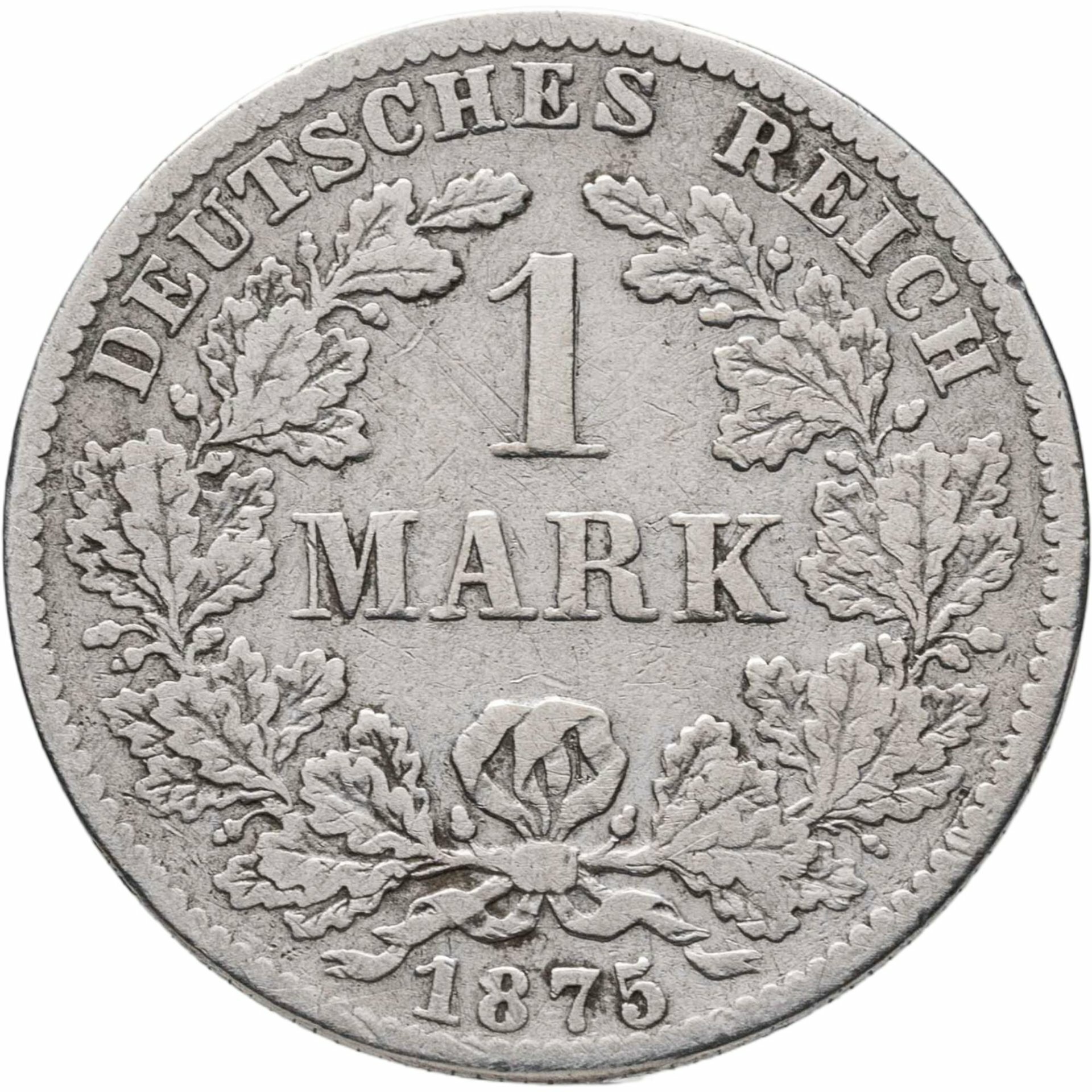 Германия 1 марка 1875 Знак монетного двора: "B" - Ганновер, Серебро 900, в сохранности VF