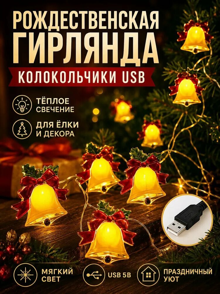 Электрогирлянда интерьерная Светодиодная 20 ламп, питание 110-220 В, 1 шт
