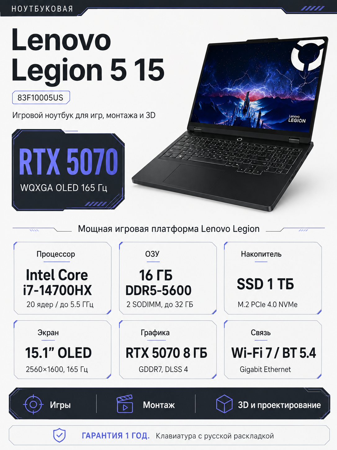 Игровой ноутбук Lenovo Legion 5i 15 (Intel i7, 16 ГБ, 1 ТБ, RTX 5070, 165 Гц, Win 11) Черный