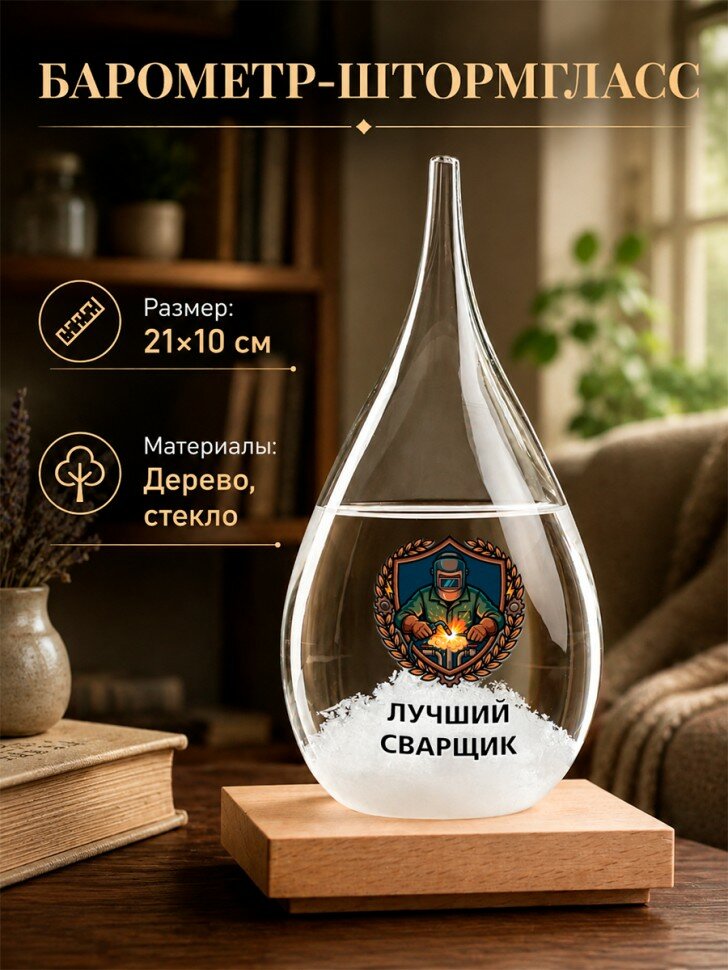 Барометр-штормгласс на деревянной подставке с надписью "лучший сварщик"