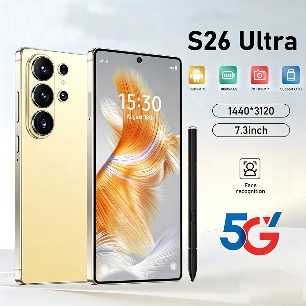 Смартфон S26 Ultra 7.3″, 8+256 ГБ, 5G, 8000 мА·ч, Разблокировка по лицу с ИИ, Встроенный стилус, Русский интерфейс