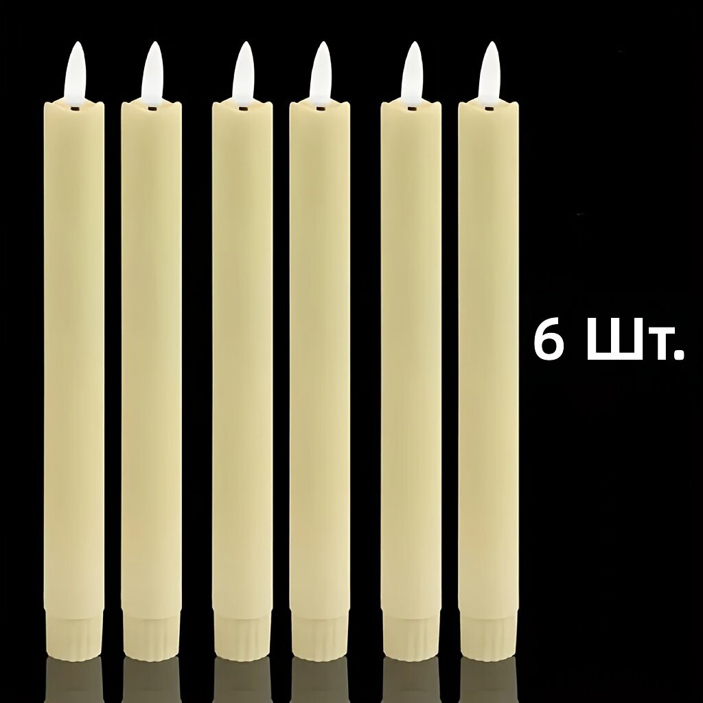 Светодиодные свечи без огня 6 шт, цвет слоновая кость, с реалистичным мерцающим теплым светом и прозрачным основанием, питание от батареек (не входят), для украшения стола и интерьера