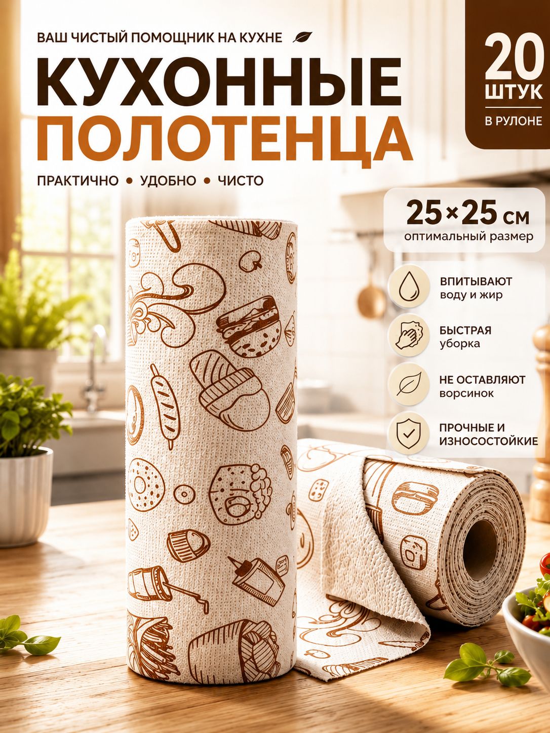 Полотенце кухонное 25x25 20 шт шенилловая фактура нетканое волокно