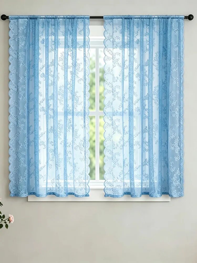 Тюль крепление ложный люверс 75x110 см 2 шт цветы голубой