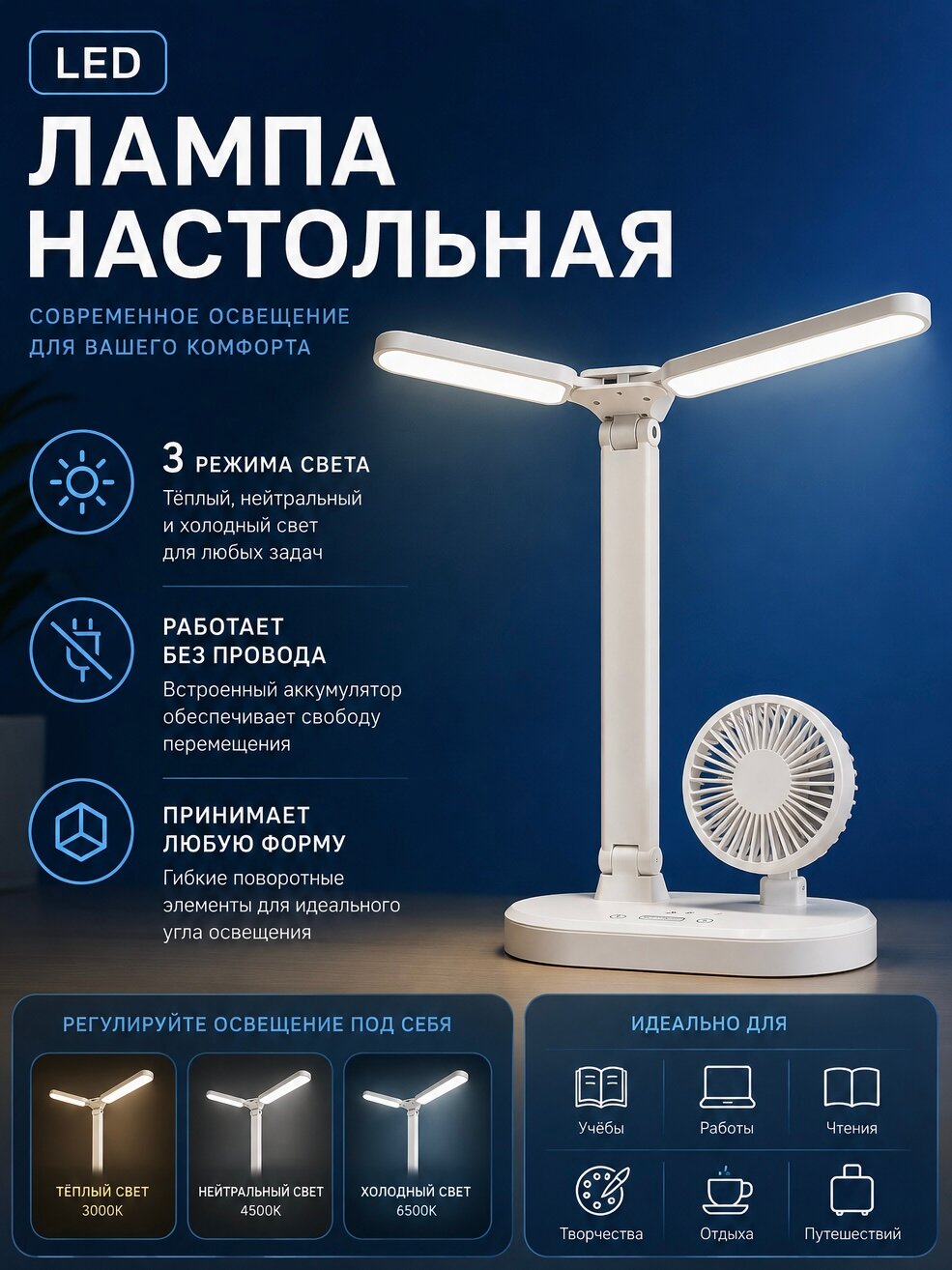 Лампа настольная с вентилятором, светодиодная, 3 режима работы, белая