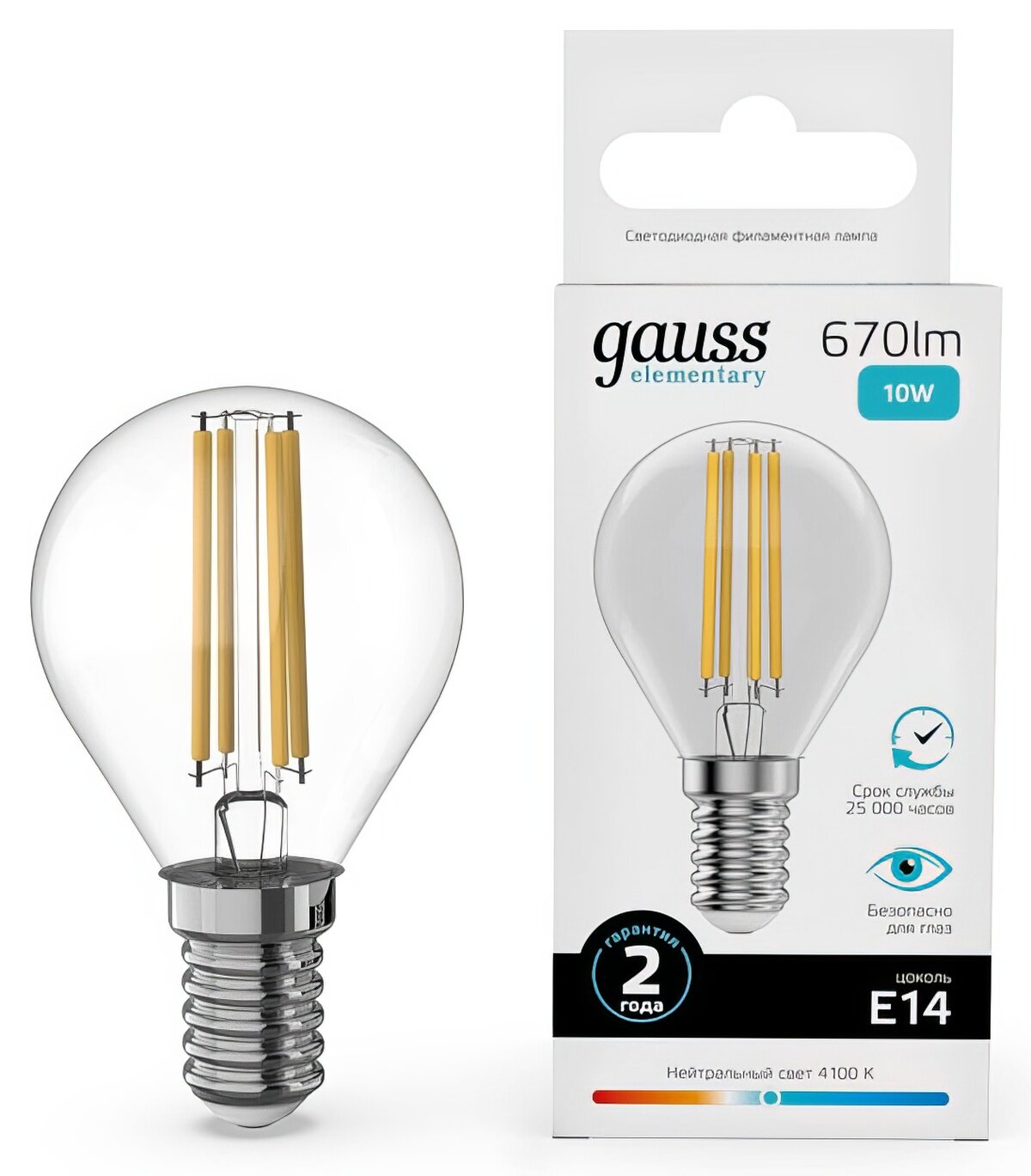 Лампа филаментная GAUSS Filament Elementary 10Вт Е14 LED 670Лм 4100К шар