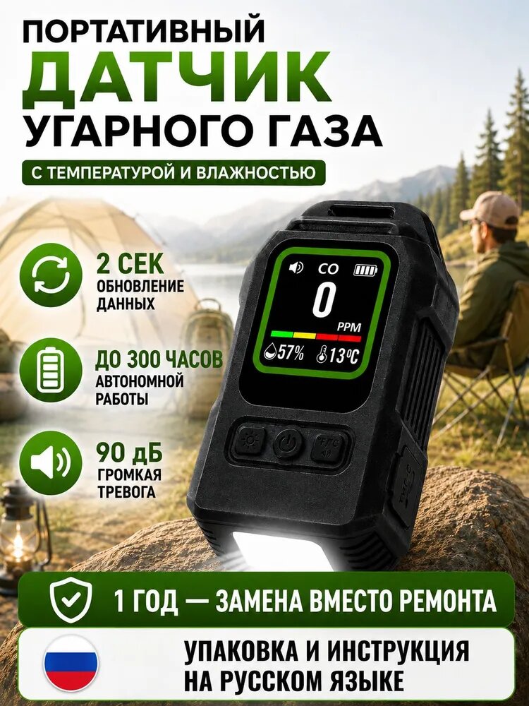 Портативный датчик угарного газа (CO) для дома, палатки, кемпинга и автодома